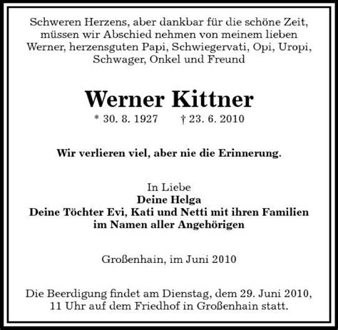 Traueranzeigen Von Werner Kittner Trauer Anzeigende