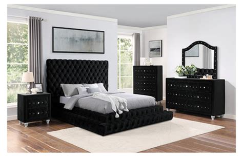 Glam Black Flannelette Step Up Platform Bed Stefania Cm7227bk