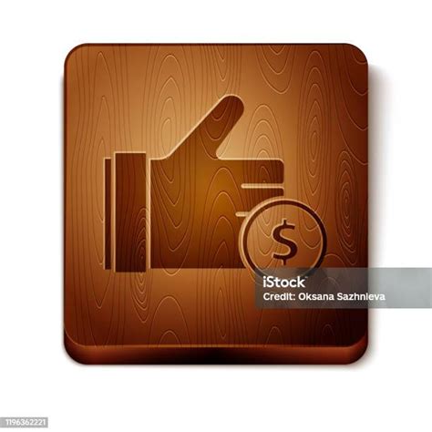 갈색 손 흰색 배경에 고립 된 동전 아이콘을 들고 달러 또는 Usd 기호입니다 현금 은행 통화 기호입니다 나무 사각형 버튼입니다