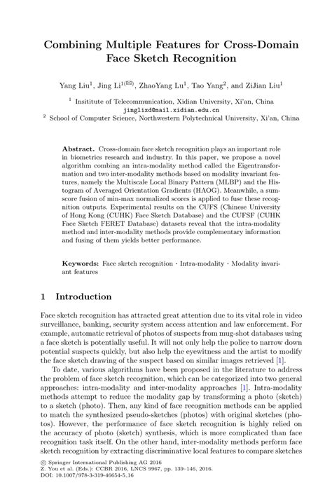 Pdf Combining Multiple Features For Cross Domain Face Sketch Recognition