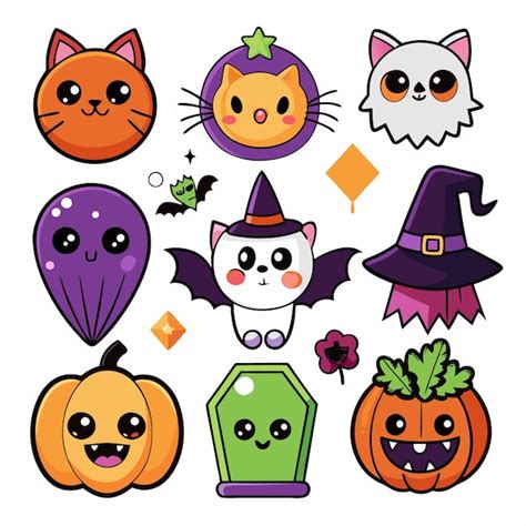Cute Halloween Character Set With Pumpkins Cats Ghosts And A Witch39s