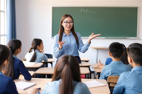 Premium Photo Young Teacher Woman Explain In Front Of Class