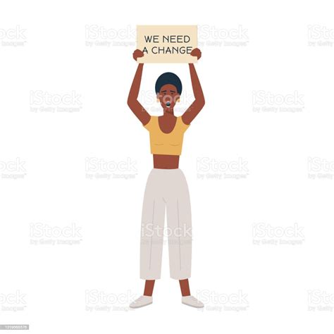 우리는 변경 캡션을 들고 폭력에 항의 하는 현대 흑인 여성 형상 흑인의 삶은 중요합니다 시위 반란군 파업 벡터 플랫 일러스트레이션이 격리되었습니다 군중에 대한 스톡 벡터