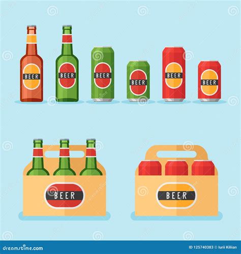 Sistema De Botellas De Latas Y De Paquetes De Cerveza Ejemplo Plano Del Vector Del Estilo