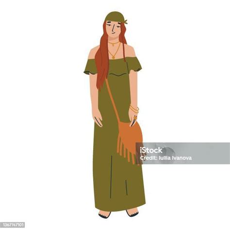 보호 스타일 패션 의상 보헤미안 의상을 입은 여자 보헤미안 스타일 플랫 벡터 그림입니다 가구에 대한 스톡 벡터 아트 및 기타 이미지 Istock