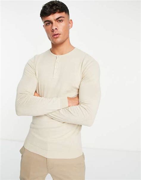 Asos Design Pull En Maille De Coton Avec Col Grand Père Avoine Asos