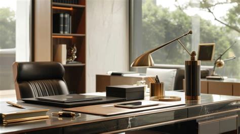 A Stylish Office With Bronze Desk Accessories And A Minimalist Design