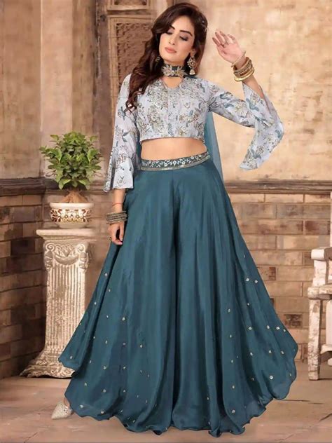 Grey And Green Color Combination Party Wear Plazo Suit With Dupatta