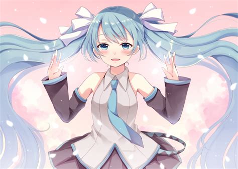 Aqua Eyes Aqua Hair Blush Hatsune Miku Long Hair Petals Sakura Hiyori