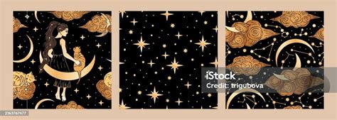 황금 달 하늘 별 소녀의 이미지를 가진 완벽 한 패턴 마법 천상의 신비한 요정 테마의 빈티지 벡터 세트 개체 그룹에 대한 스톡 벡터 아트 및 기타 이미지 Istock