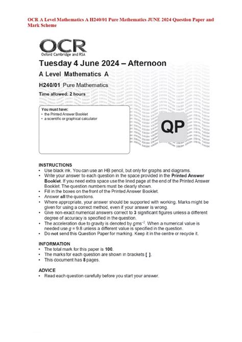 OCR A Level Mathematics A H Pure Mathematics JUNE Question Paper And Mark Scheme