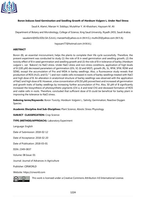 Pdf Boron Induces Seed Germination And Seedling Growth Of Hordeum