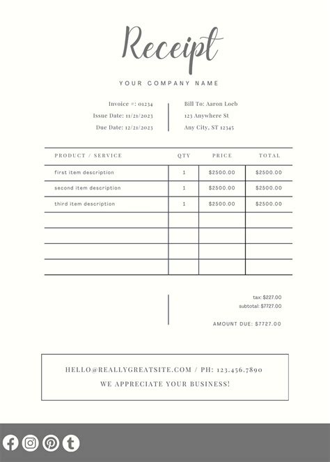 Small Business Receipt Template Business Invoice Canva Etsy