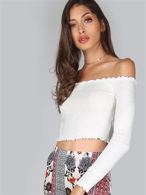 Rib Knit Lettuce Edge Crop Bardot Top Shein Sheinside