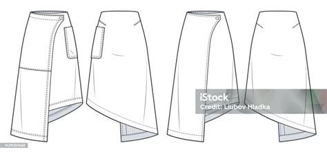 비대칭 랩 스커트 테크니컬 패션 일러스트레이션 스커트 패션 플랫 스케치 템플릿 미디 길이 A 라인 버튼 업 포켓 전면 후면보기 흰색 Cad 모형 세트 랩스커트에 대한 스톡