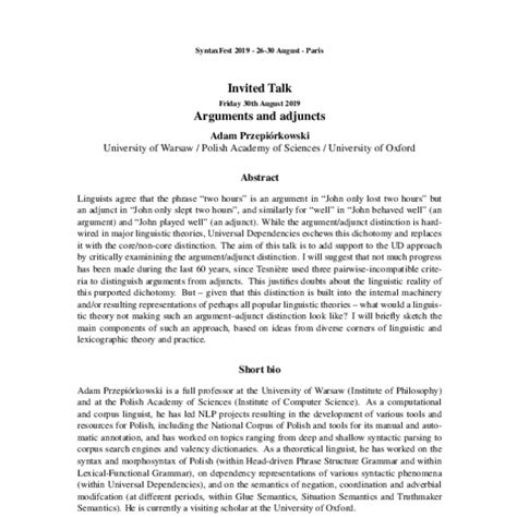 Syntaxfest 2019 Invited Talk Arguments And Adjuncts Acl Anthology