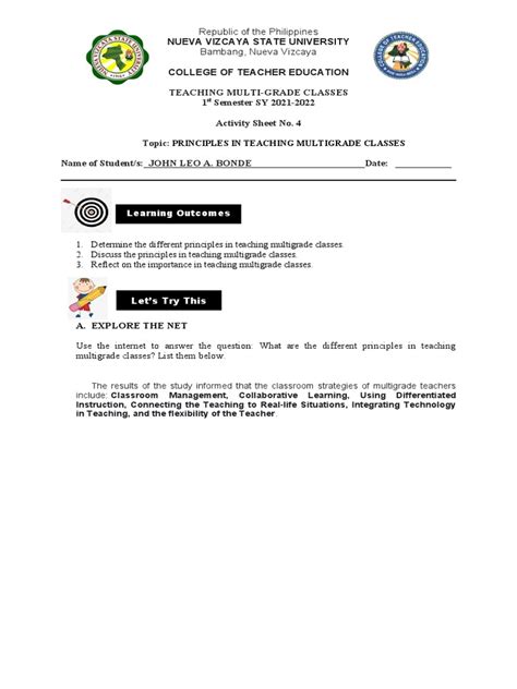Activity 4 Principles In Teaching Multigrade Classes Pdf Teachers