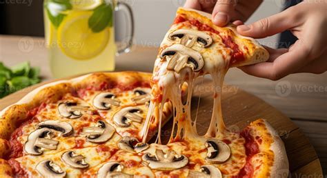 Close Up Of Hands Pulling A Slice Of Hot Mushroom Pizza With Melted