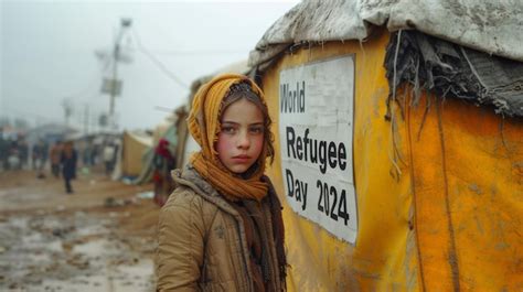 Young Girl Near A Refugee Camp Sign Premium Ai Generated Image