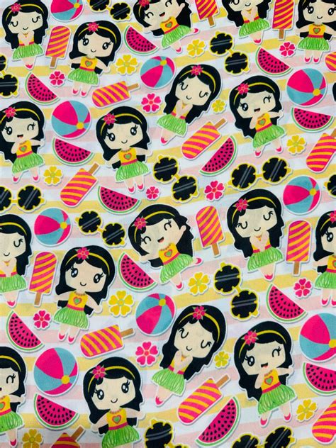 پارچه کرپ حریر کره زمینه سفید طرح دختر بچه و بستنی 19829