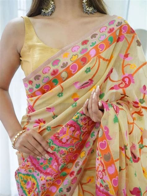 Fancy Cotton Silk Kashmiri Zari Weaving Saree With Unstitched Blouse