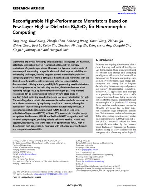 Reconfigurable High‐performance Memristors Based On Few‐layer High‐κ Dielectric Bi2seo5 For
