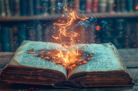 Magical Open Book On Wooden Table With Glowing Letters And Sparkles In Library Stock