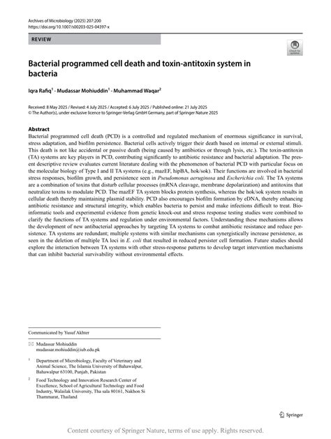 Bacterial Programmed Cell Death And Toxin Antitoxin System In Bacteria
