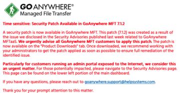 Patch Released For Actively Exploited Goanywhere Mft Zero Day