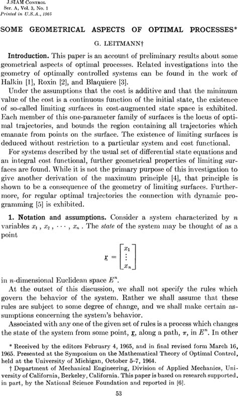 Some Geometrical Aspects Of Optimal Processes Siam Journal On Control And Optimization