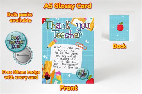 Thank You Teacher Greeting Card With Free Pin Badge Teacher Ts