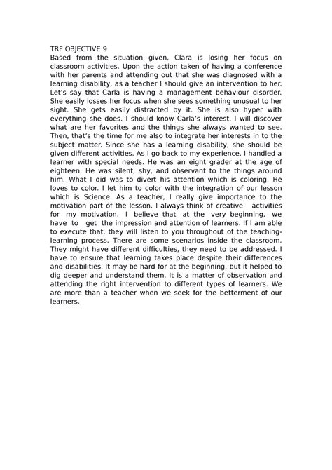 Trf 9 10 Trf Trf Objective 9 Based From The Situation Given Clara Is Losing Her Focus On