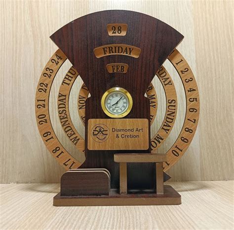 Wooden Table Clock Pen Stand Wooden Calendar Wooden Desk Organiser