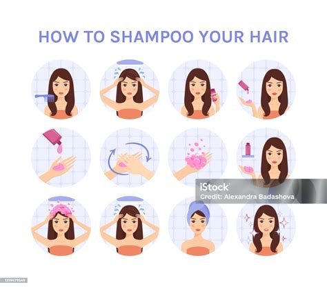 젊은 갈색 머리 고립 된 여자의 세트는 샤워 아래 자신의 머리를 씻어 샴푸 수건을 사용합니다 Steps깨끗한 머리 샴푸로 머리를