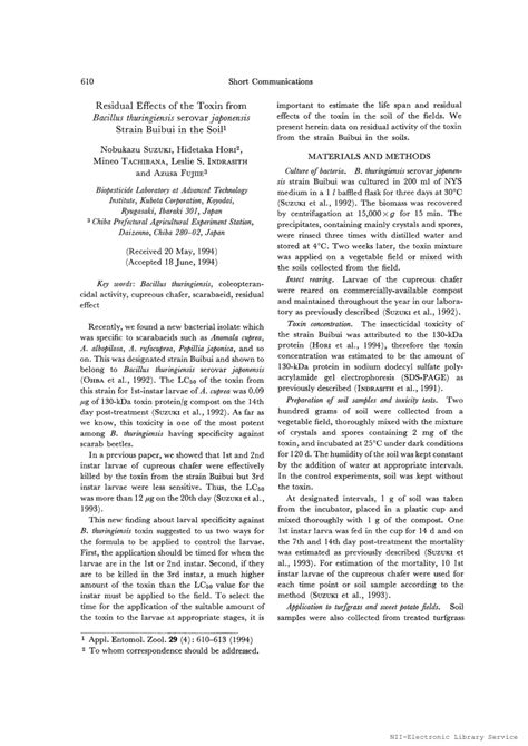 Pdf Residual Effects Of The Toxin From Bacillus Thuringiensis Serovar
