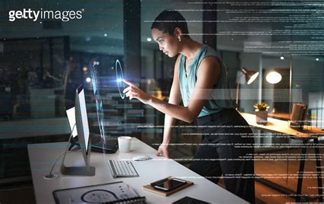 Office Computer Hologram And Woman Point At Future Administration Ui Research Analytics Or