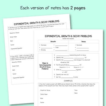 Exponential Function Word Problems Differentiated Guided Notes And Worksheet