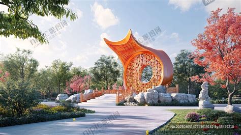 Ai创作图园林设计 曲线建筑 红叶 秋景 中国风 传统建筑 石桥 雕塑 自然风光 宁静和谐 人与自然和谐共处 休闲放松 文化传承 旅游观光