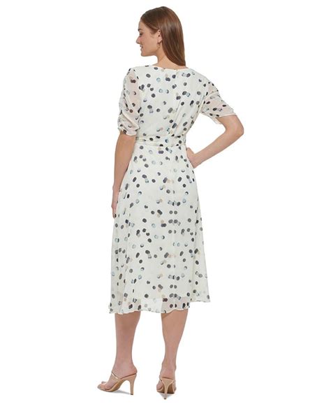Dkny Womens Dot Print Ruched Sleeve Tie Waist V Neck Midi Dress Macys