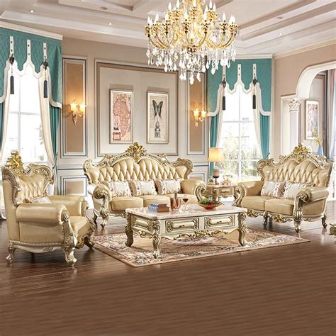 European Style Antique Sofa Set Furniture Living Room Genuine Leather