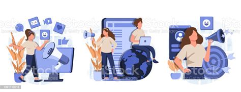 소셜 미디어 마케팅 개념 고립 된 사람 상황 메가폰을 가진 사람들과 장면의 컬렉션은 새로운 고객 광고 홍보를 유치합니다 메가