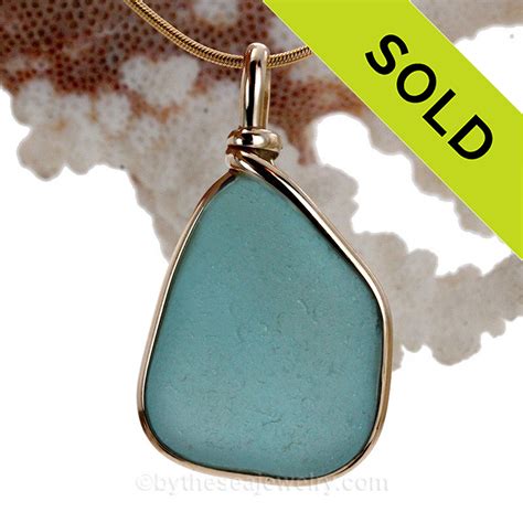 Vivid Aqua Green Genuine Sea Glass Pendant In Gold Wire Bezel© Gfp1230