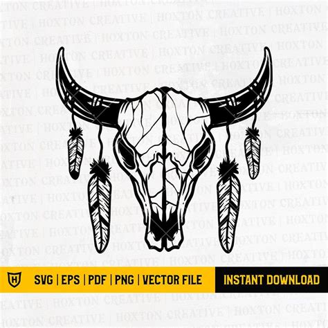 Cow Skull With Feathers Svg File Boho Svg Feathers Skull Svg Longhorn