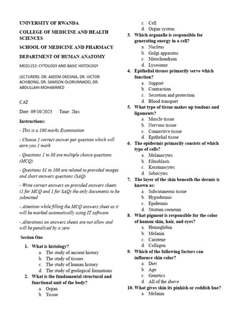 Cat Of Histology 2023 Docx Pdf Epithelium Organ Anatomy