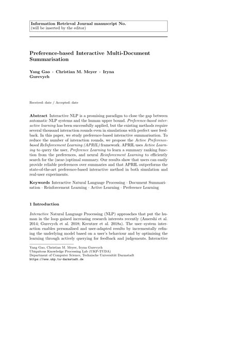 Pdf Preference Based Interactive Multi Document Summarisation