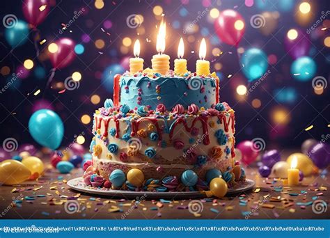 Happy Birthday Cake With Candles And Balloons Ai Generative Stock