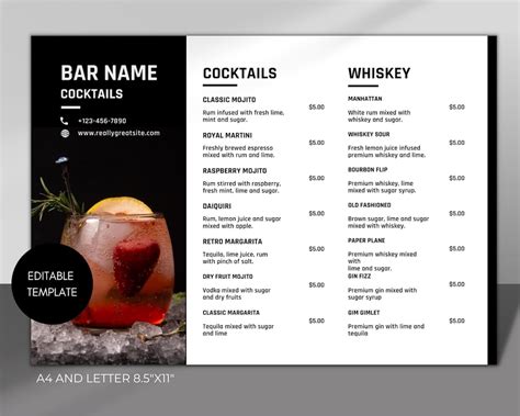 Cocktail Menu Template Editable Drink Menu Template Restaurant