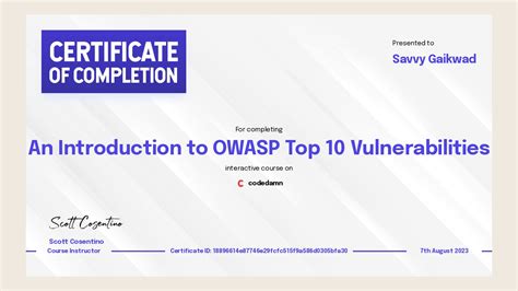 Savvy Gaikwad's certification for An Introduction to OWASP Top 10 Vulnerabilities - Codedamn