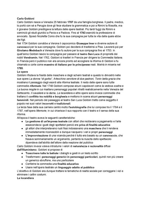Riepilogo E Riassunto Carlo Goldoni Docsity