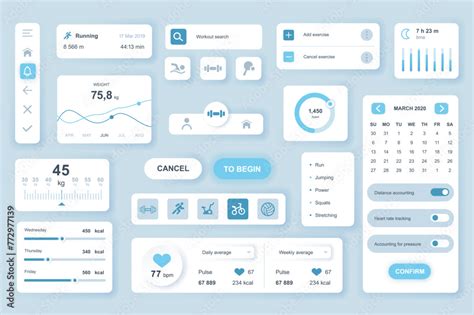 User Interface Elements Set For Fitness Mobile App Or Web Kit Template With HUD Sport Activity